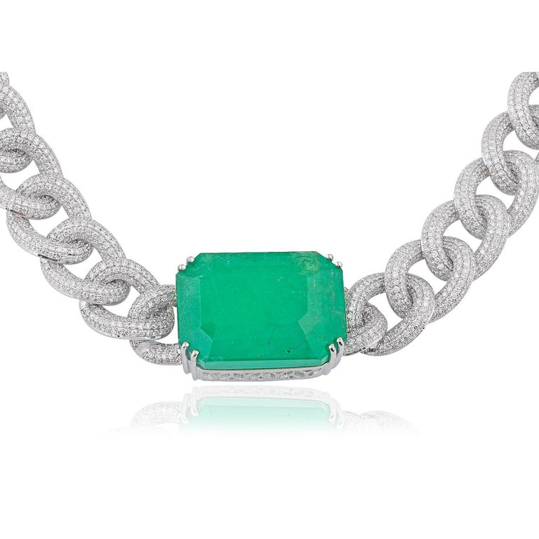 Natural Emerald Gemstone Necklace Diamond 18 Karat White Gold Handmade