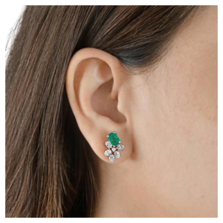 Natural Emerald Oval Shape Diamond Stud Earrings 18 Karat White Gold ...