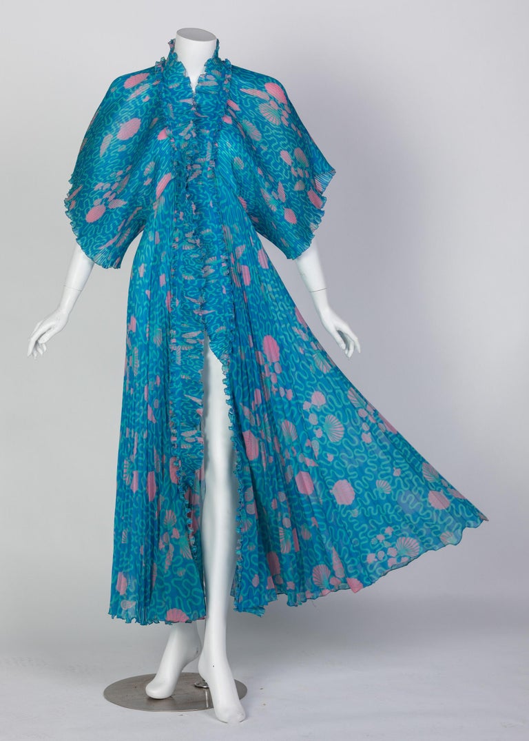 Zandra Rhodes Blue Pink Pleated Shell Print Caftan Dress 1970S For Sale ...