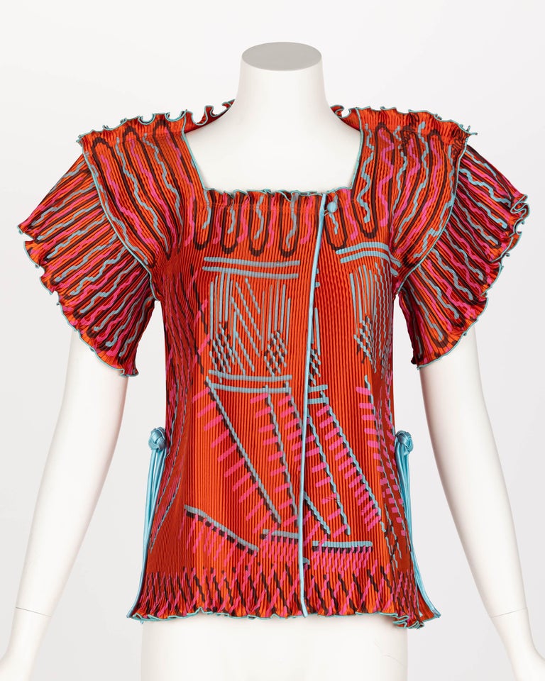 Zandra Rhodes Red Orange Hand Painted Pleated Jacket Top 1970s For Sale ...