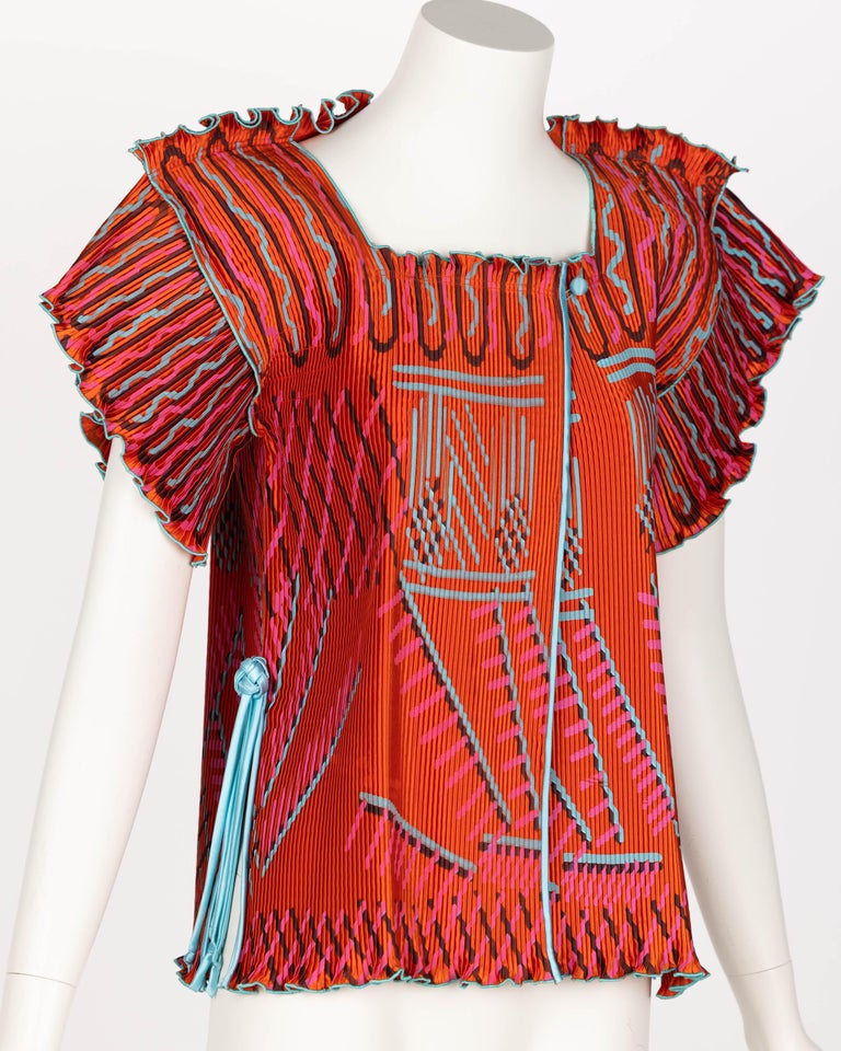 Zandra Rhodes Red Orange Hand Painted Pleated Jacket Top 1970s For Sale ...