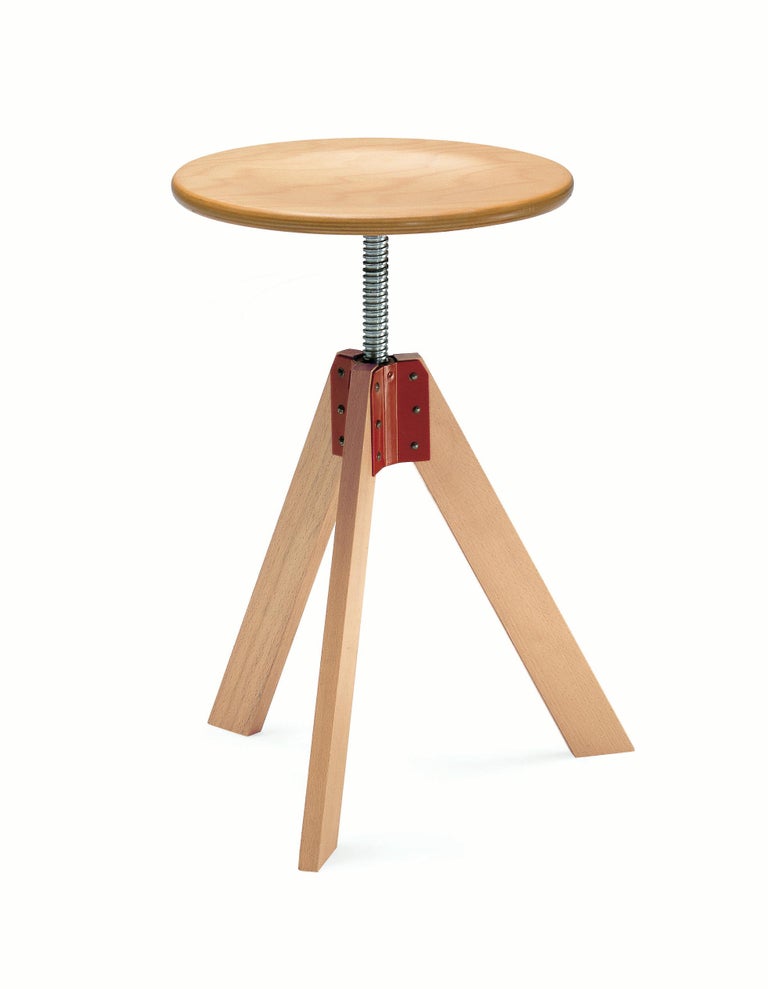 Zanotta Giotto Stool in Natural Varnished Beech Frame with Red Bracket ...