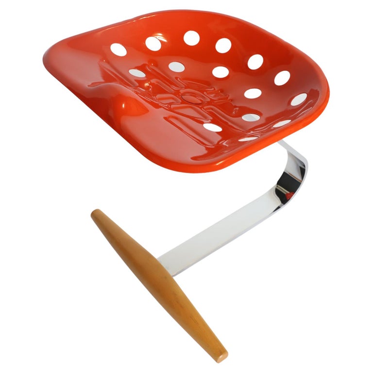 Zanotta Mezzadro Stool in Orange/Red with Steel and Wood Base For Sale ...