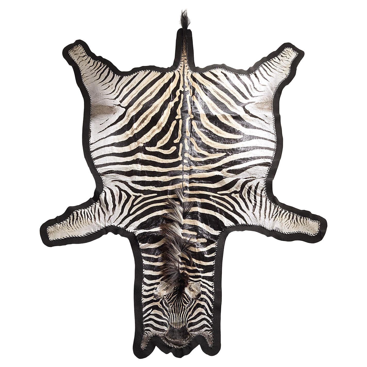 Forsyth Zebra Hide Rug Trimmed in Emerald Green Velvet For Sale at 1stDibs