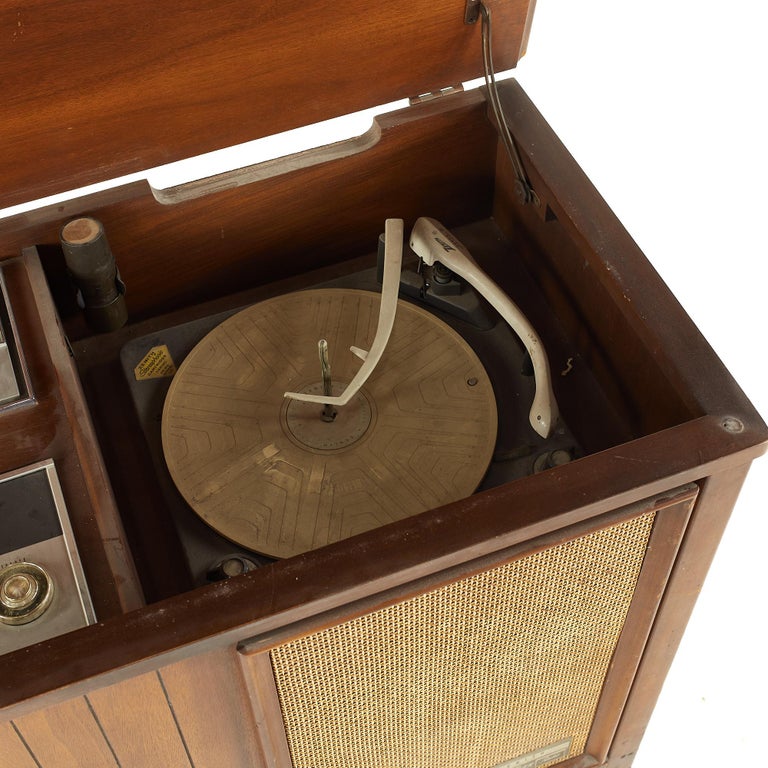 Zenith Mid Century Walnut and Cane Stereo Console For Sale at 1stDibs