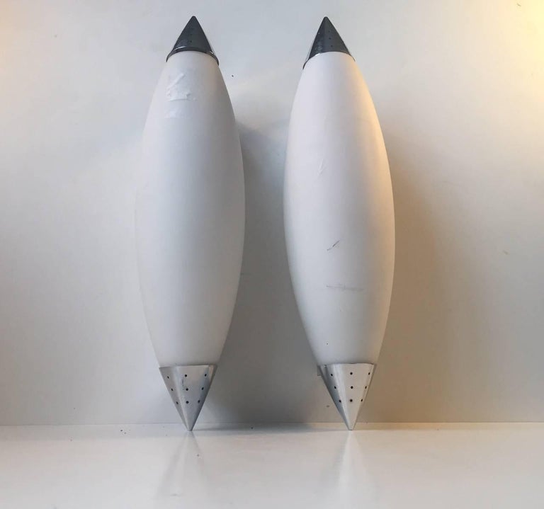 A Pair of Zeppelin Shaped Opaline and Chrome Wall Sconces, 1970s For ...