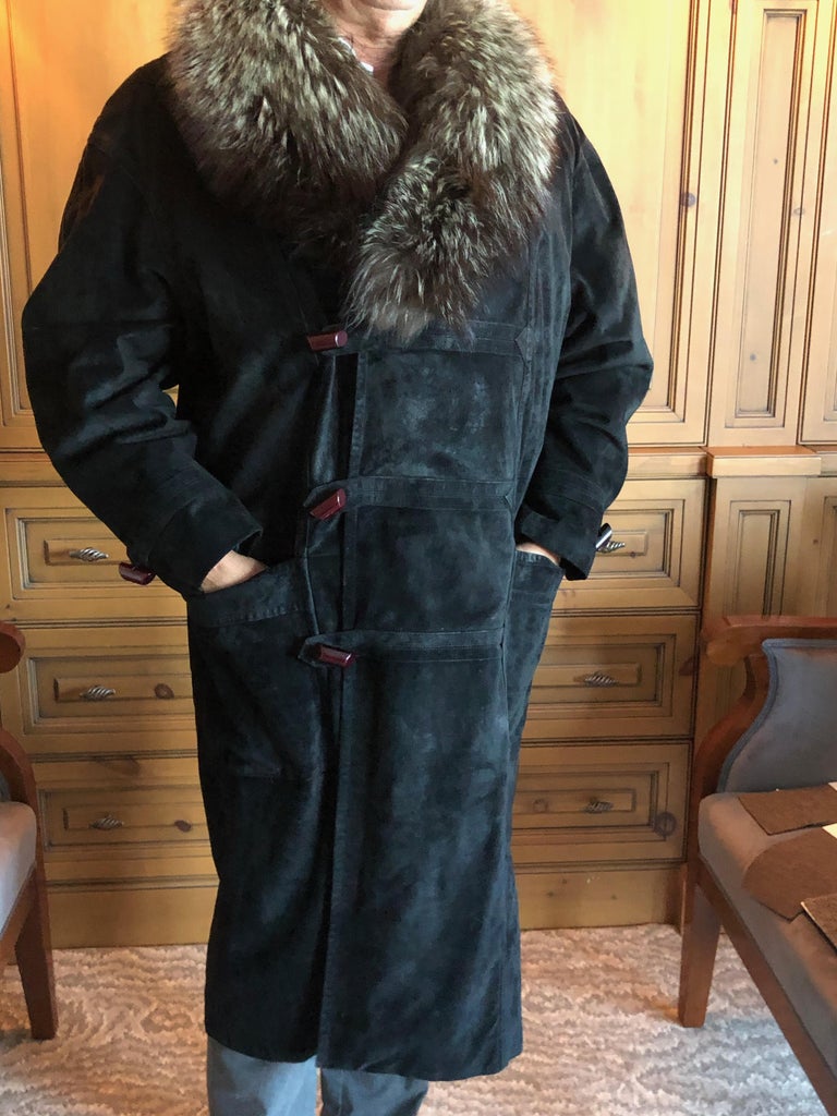 Zilli France Fur Lined Black Suede Toggle Coat with Wide Fox Collar For ...