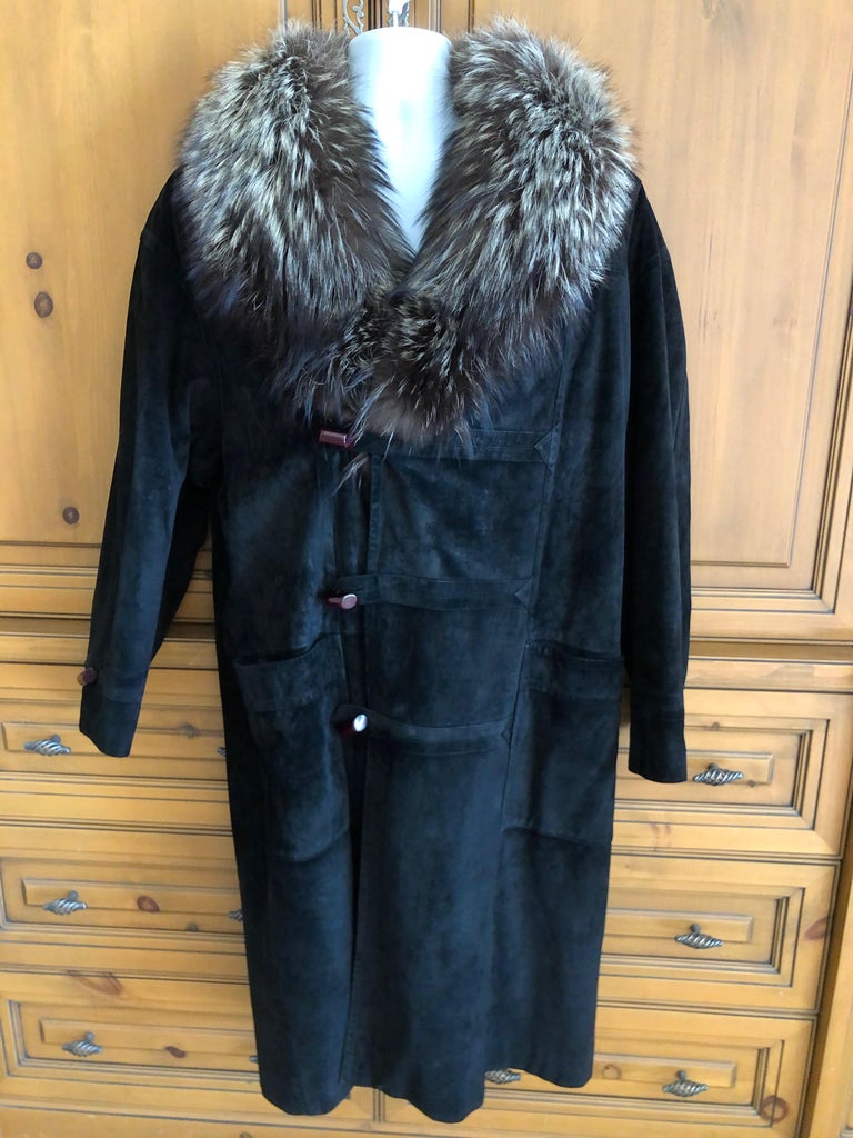 Zilli France Fur Lined Black Suede Toggle Coat with Wide Fox Collar For ...