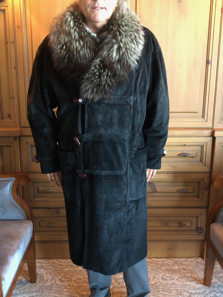 Zilli France Fur Lined Black Suede Toggle Coat with Wide Fox Collar For ...