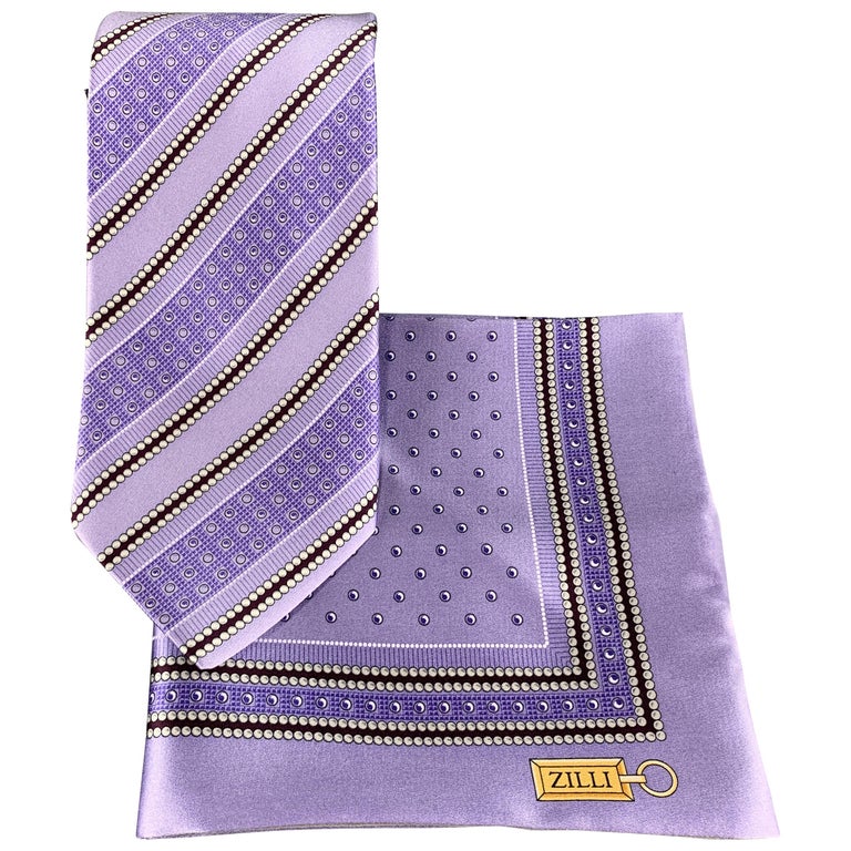 ZILLI Lavender Diagonal Stripe Print Silk Tie Pocket Square Set in Box ...