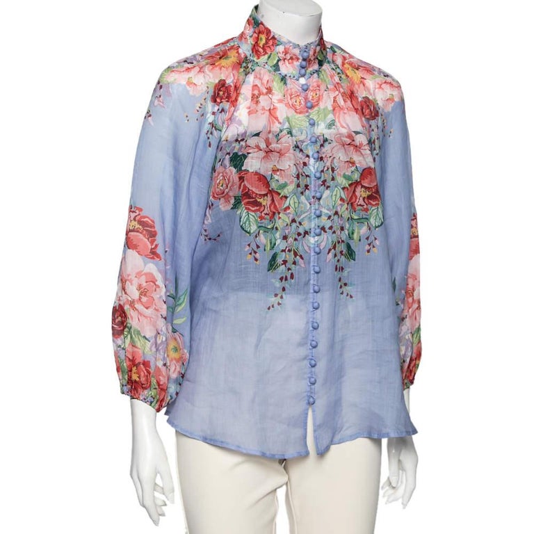 Zimmermann Blue Floral Printed Button Front Blouse M For Sale at 1stDibs