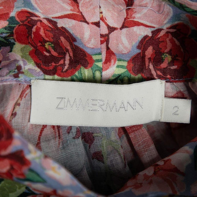Zimmermann Blue Floral Printed Button Front Blouse M For Sale at 1stDibs