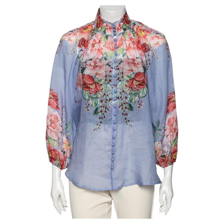 Zimmermann Blue Floral Printed Button Front Blouse M For Sale at 1stDibs
