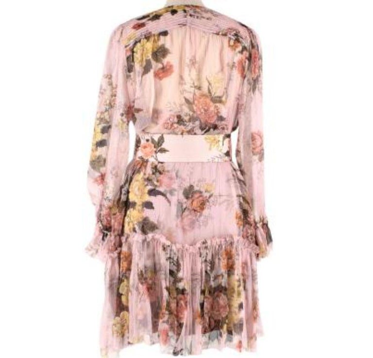 Zimmermann Pink Floral Silk Belted Chiffon Mini Dress For Sale at 1stDibs