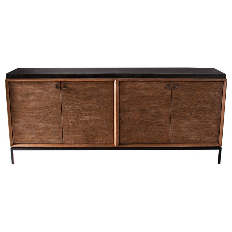 Custom aged bronze zinc top four door cabinet with dark hammered steel ...