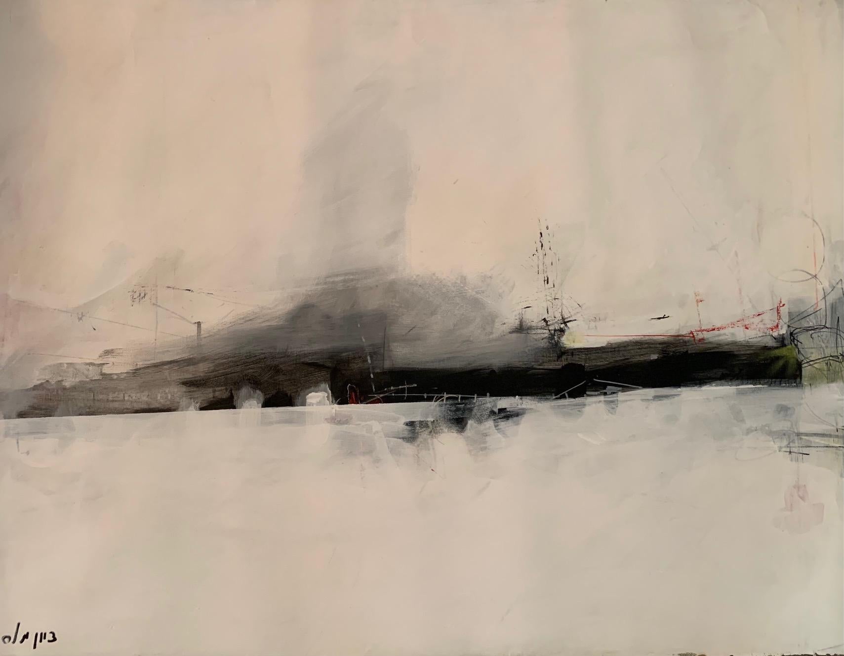 Zion Mor - ‘Cityscape' White And Red Abstract Landscape Painting ...