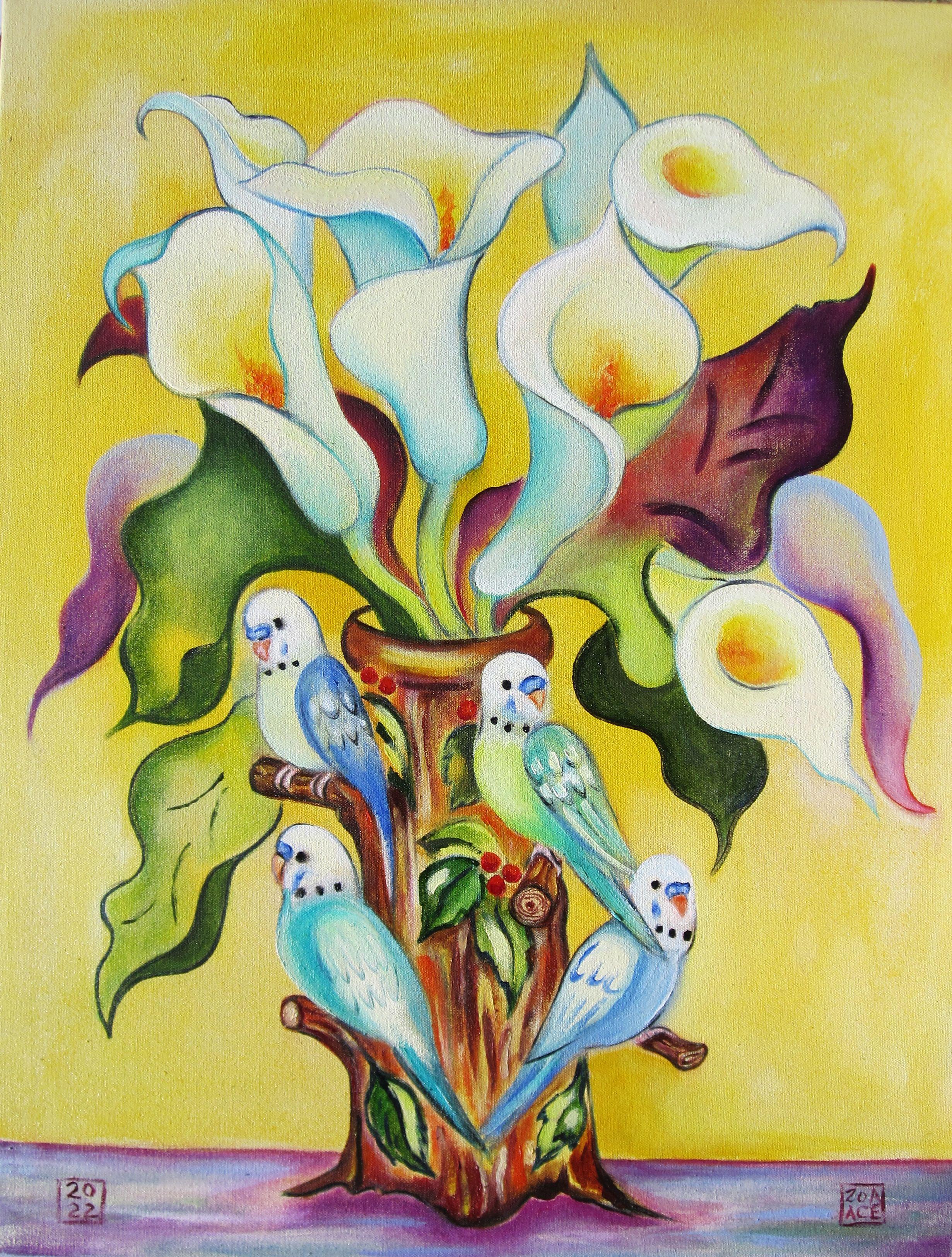 Zoa Ace - "Calla Lilies in a Parakeet Vase" Oil Painting at 1stDibs