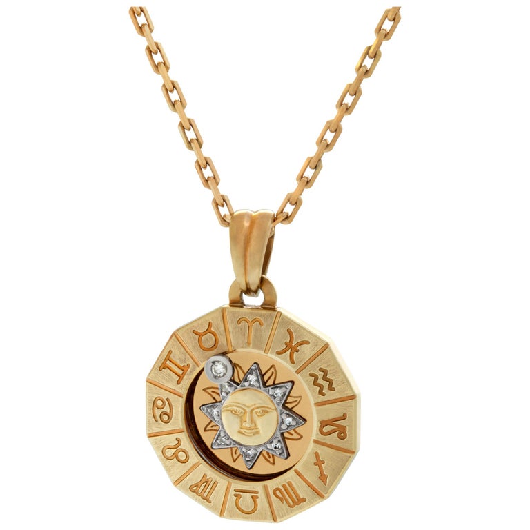 Zodiac Pendant Necklace in 18k Yellow Gold with Accent Diamond For Sale at 1stDibs