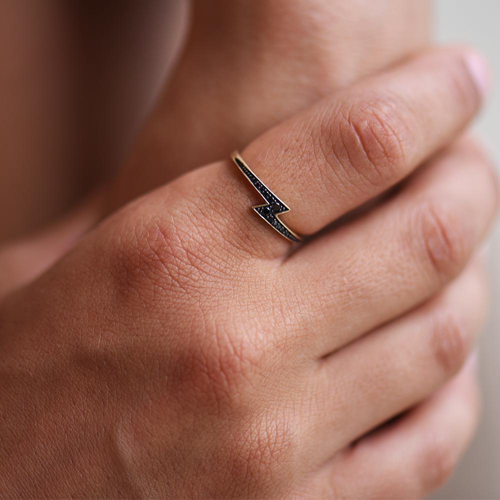 Zoe and Morgan Yellow Gold Black Diamond Zap Ring For Sale at 1stDibs
