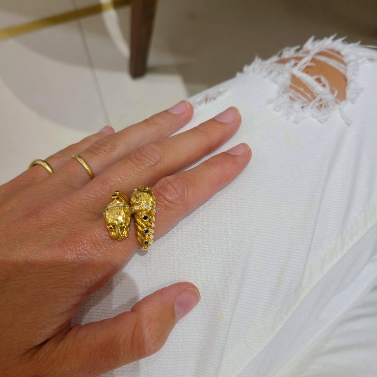 Zolotas 18-24 Karat Gold Twin Chimera Head Ring with Diamond and Blue ...