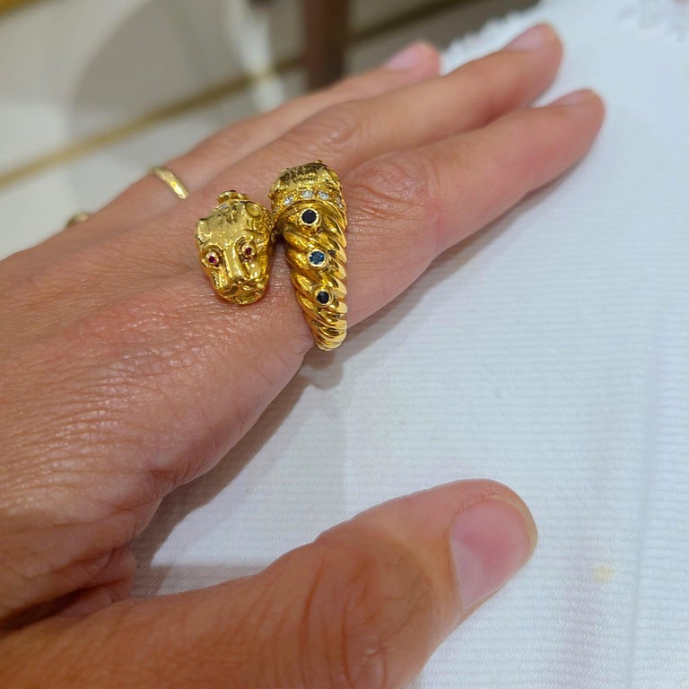 Zolotas 18-24 Karat Gold Twin Chimera Head Ring with Diamond and Blue ...