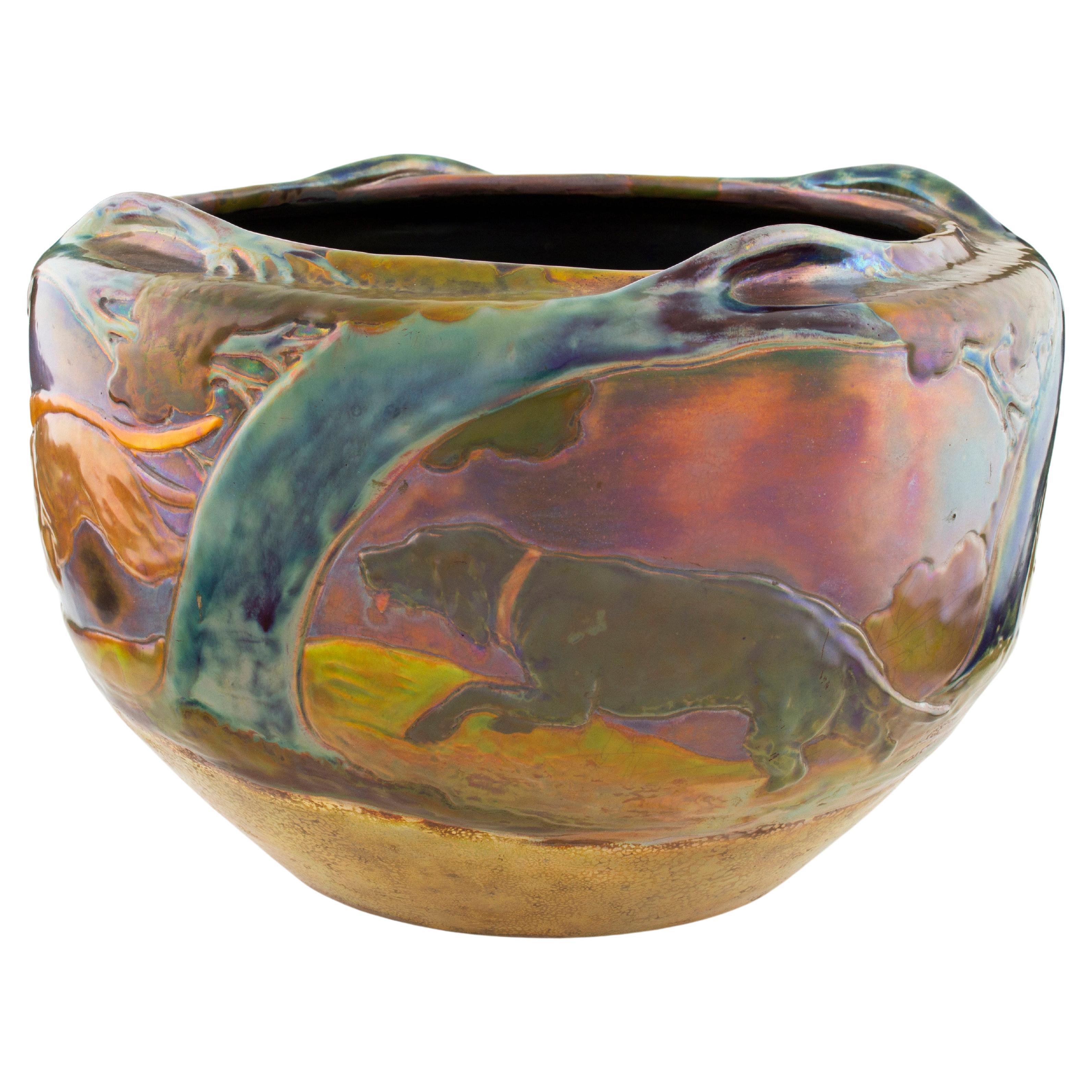 Zsolnay Flower Pot With A Hunting Scene For Sale at 1stDibs