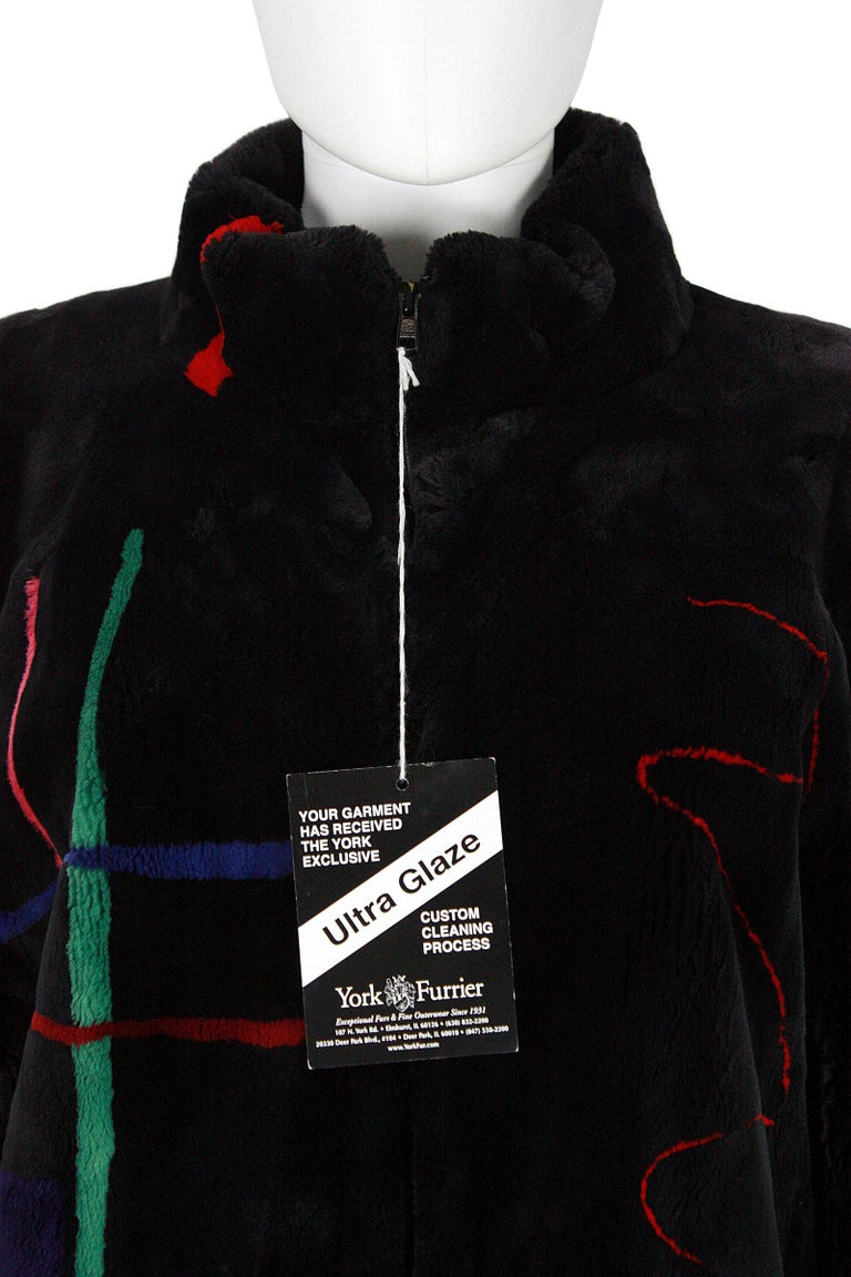 Zuki Black with Multicolor Line Pattern Sheared Beaver Fur Coat at 1stDibs