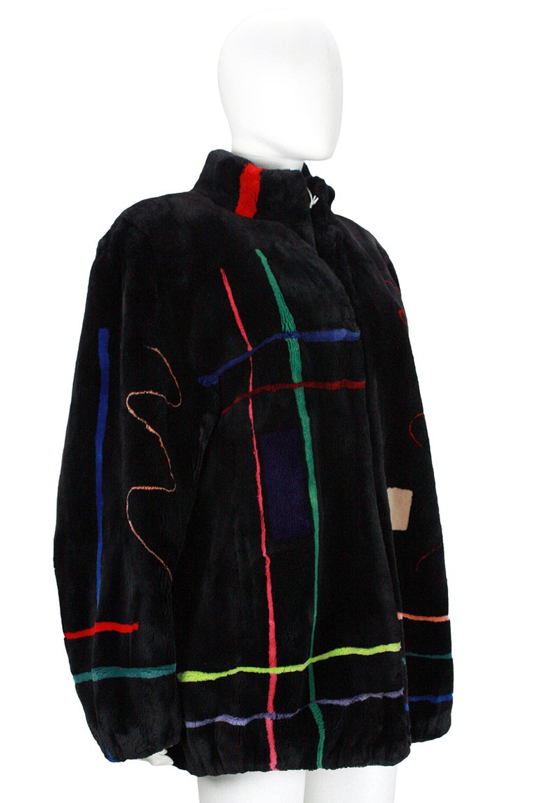Zuki Black with Multicolor Line Pattern Sheared Beaver Fur Coat at 1stDibs