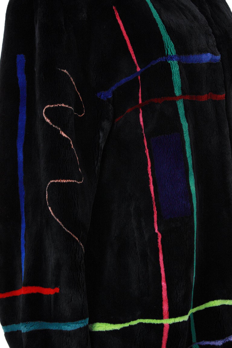 Zuki Black with Multicolor Line Pattern Sheared Beaver Fur Coat at 1stDibs