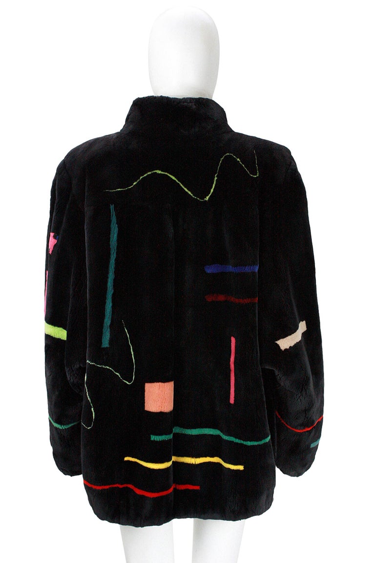 Zuki Black with Multicolor Line Pattern Sheared Beaver Fur Coat at 1stDibs