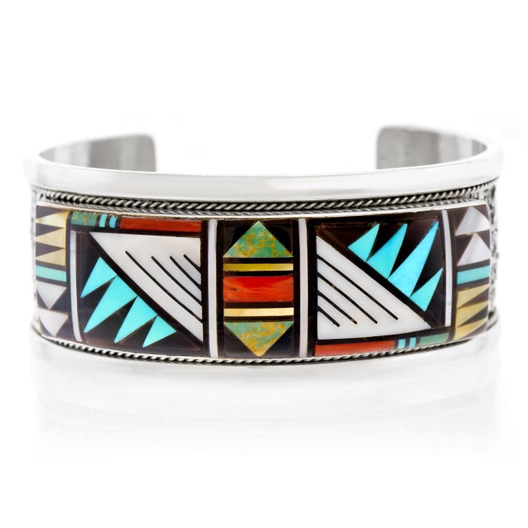 Zuni Inlaid Multi-Stone Sterling Cuff Bracelet at 1stDibs