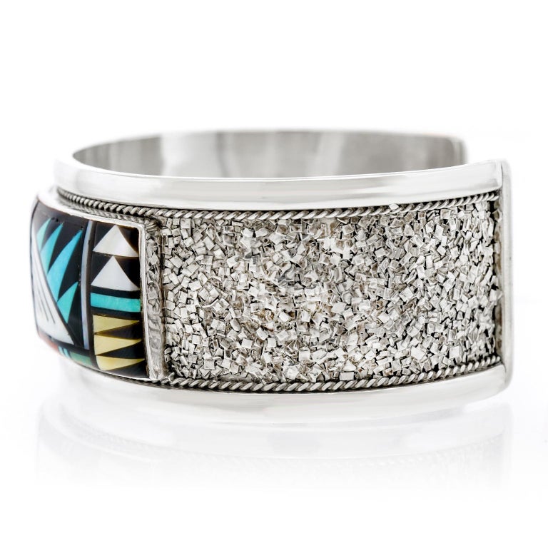 Zuni Inlaid Multi-Stone Sterling Cuff Bracelet at 1stDibs