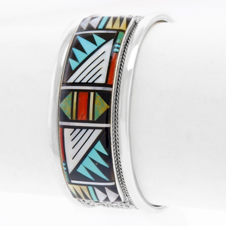 Zuni Inlaid Multi-Stone Sterling Cuff Bracelet at 1stDibs