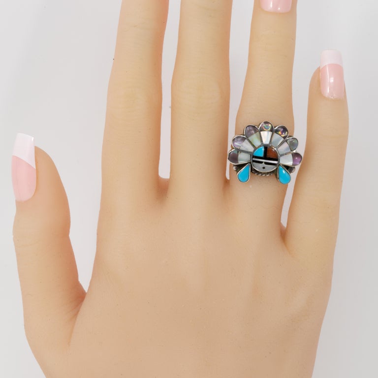Zuni Native American Sun Face Ring, Turquoise, Coral, Abalone Ring Size ...