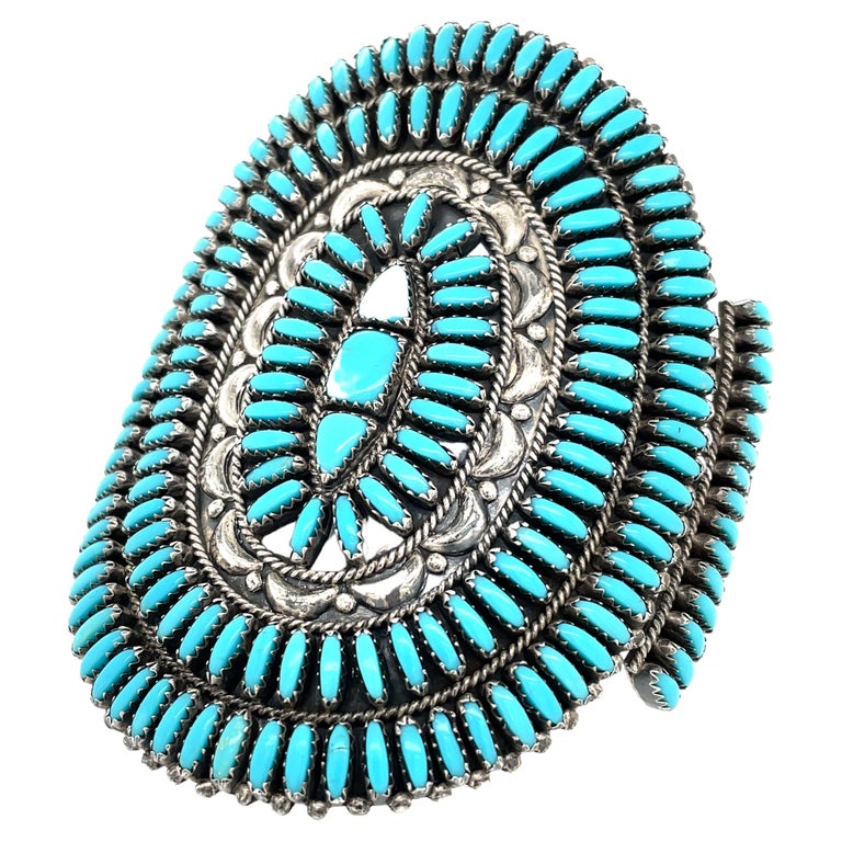Zuni Needlepoint Turquoise Cluster Cuff Sterling Silver Bracelet For ...