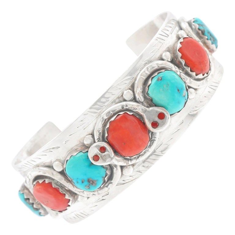 Zuni Turquoise and Coral Set Sterling Snake Cuff Bracelet at 1stDibs