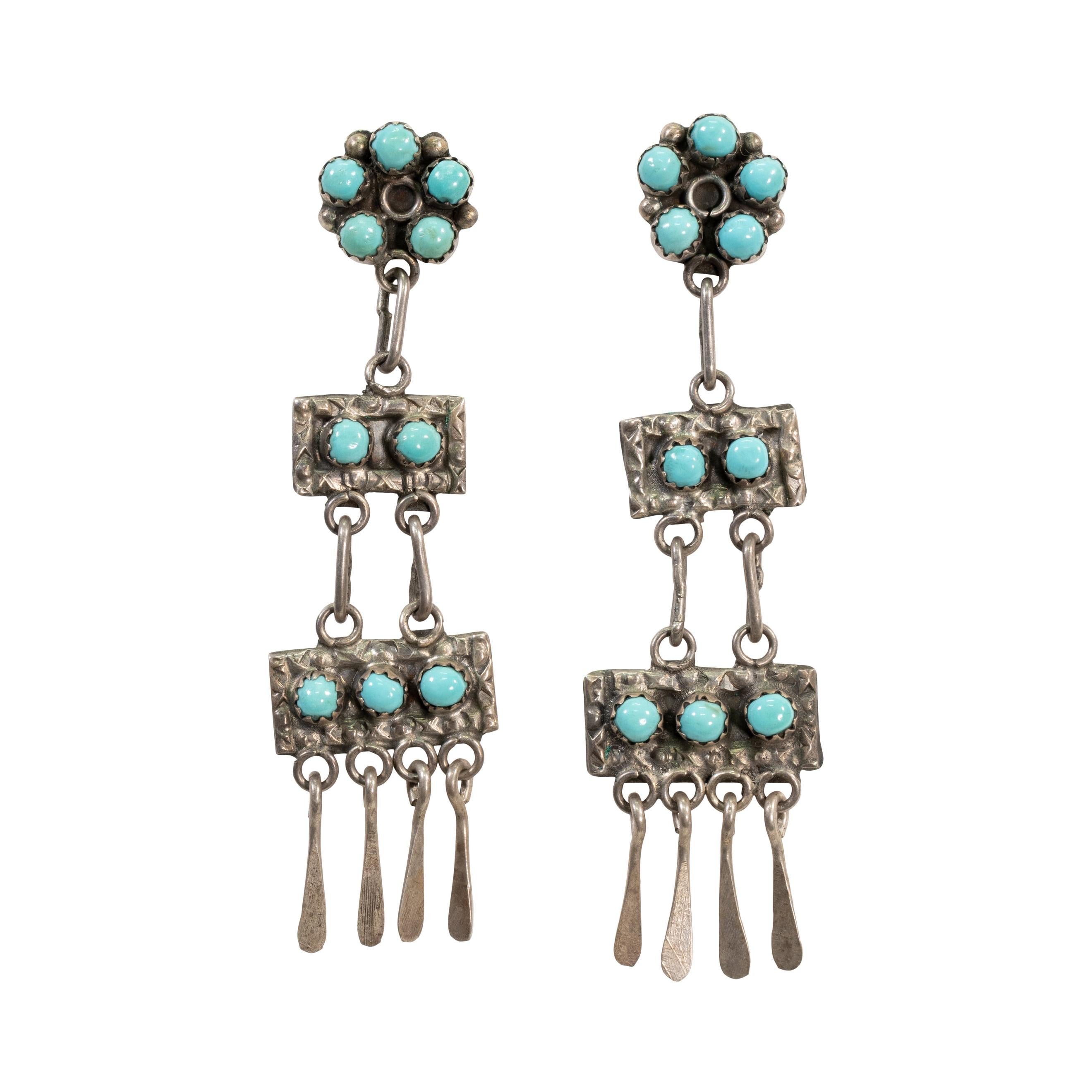 Signed Native American Zuni Silver and Turquoise Long Dangle Earrings ...