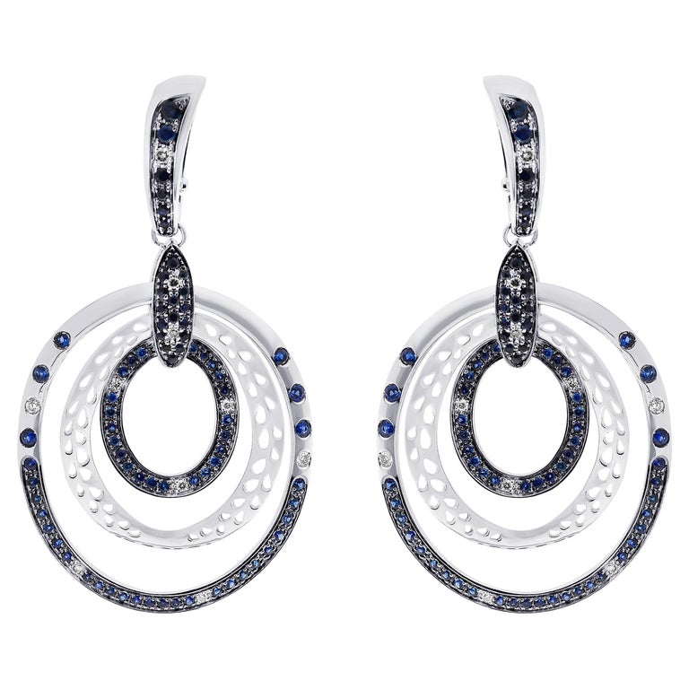 Zydo 18k White Gold, Blue Sapphire and Diamond Drop Earrings For Sale ...